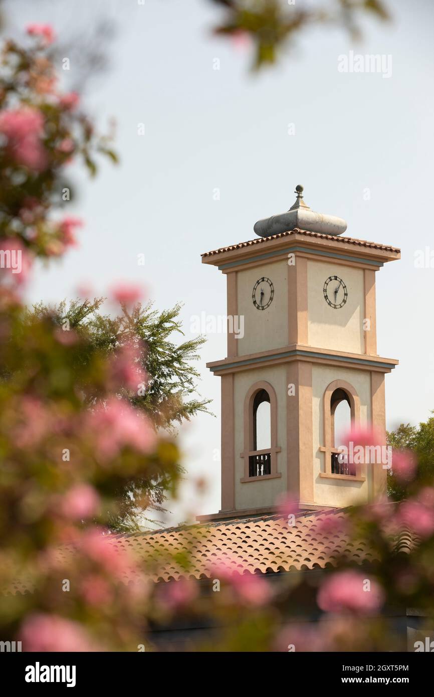 Morning view of the landmark public clock tower of downtown Tulare ...