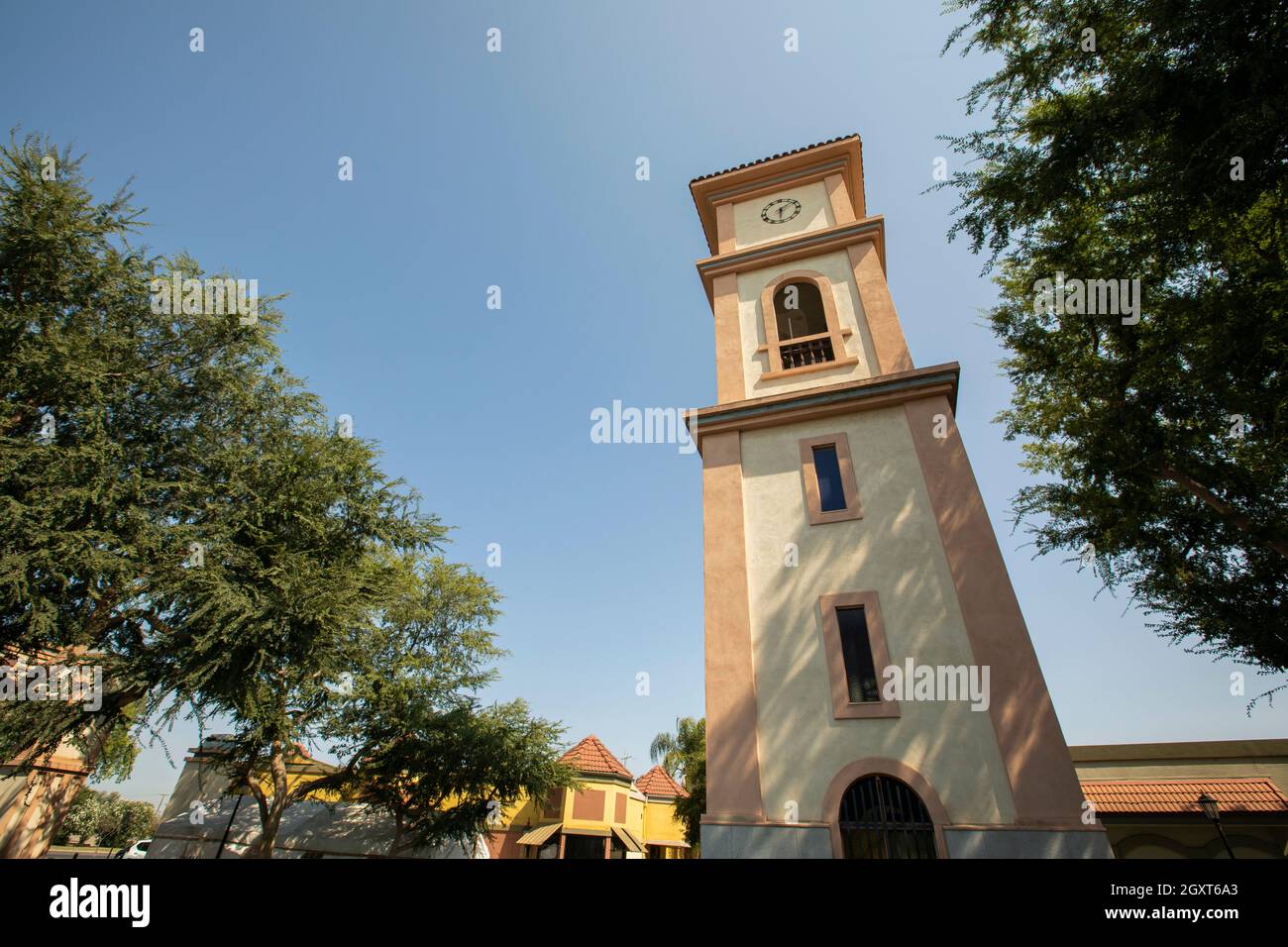 Morning view of the landmark public clock tower of downtown Tulare ...