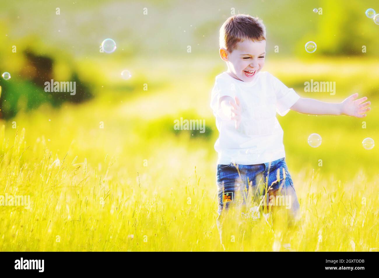 happy young beautiful child have fun on eadow with soap bubbles toy ...