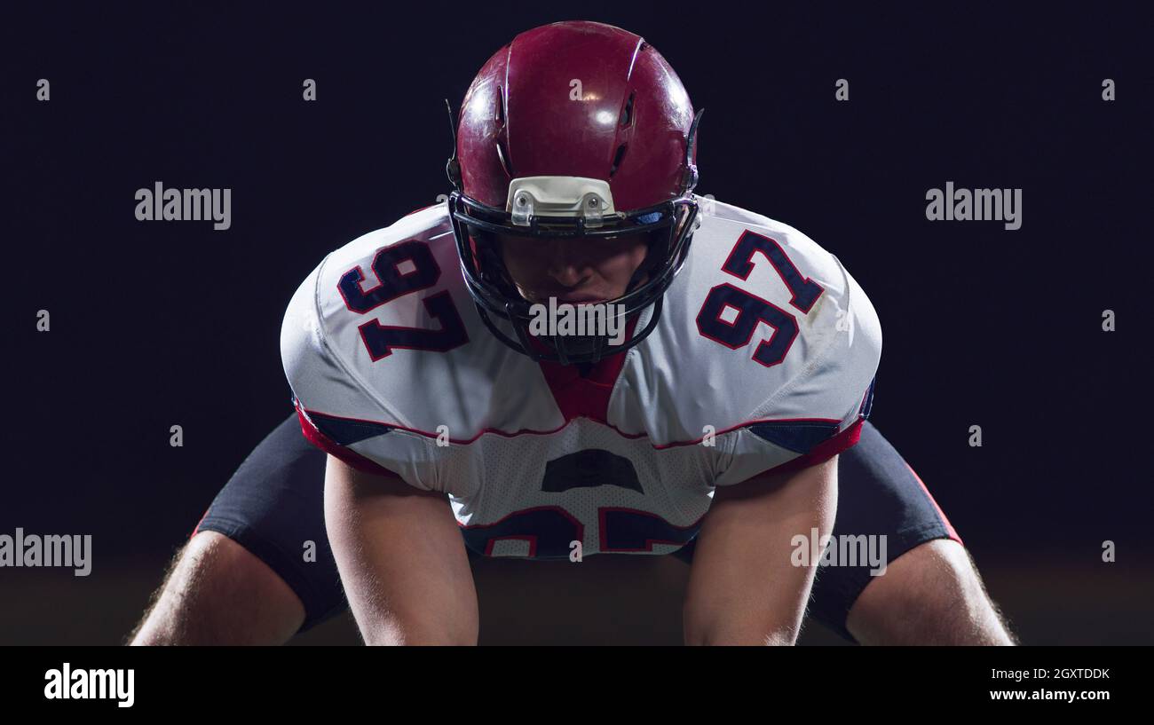 American football player starting football game on american football ...