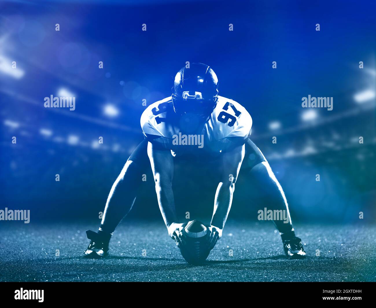 American football player starting football game on american football ...