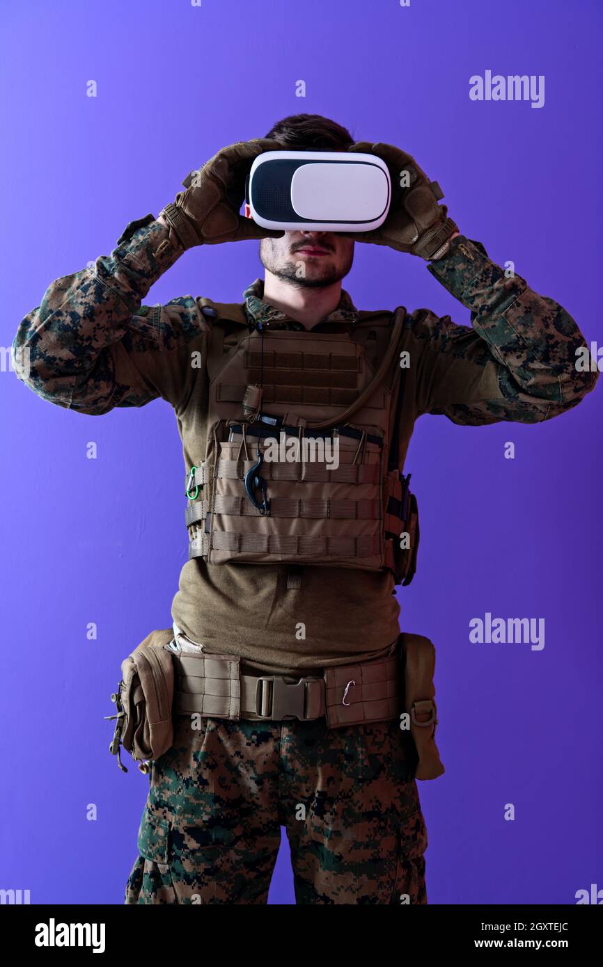 modern warfare futuristic soldier using vr virtual reality glasses on ...