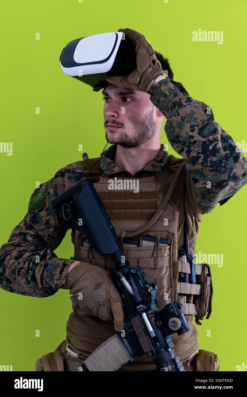 modern warfare futuristic soldier using vr virtual reality glasses for ...