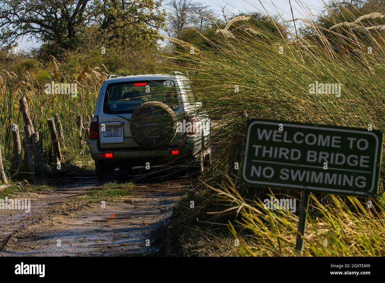 Safari car crossing the popular Third Bridge, Moremi Game Reserve ...
