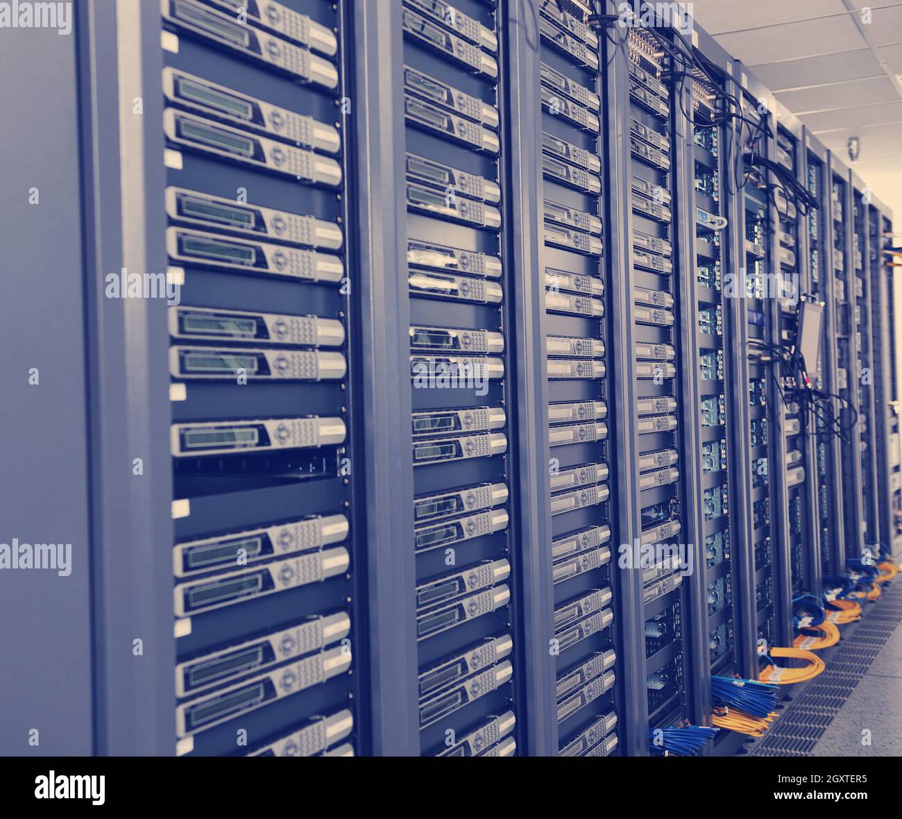 internet network server room with computers racks and digital receiver ...