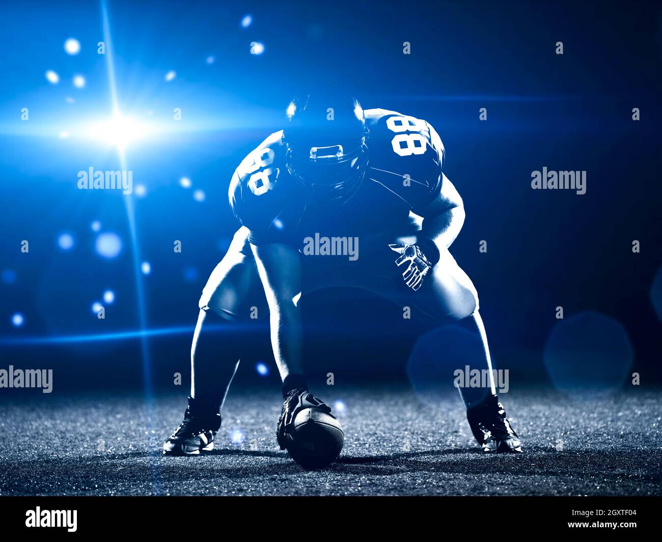 American football player starting football game on american football ...