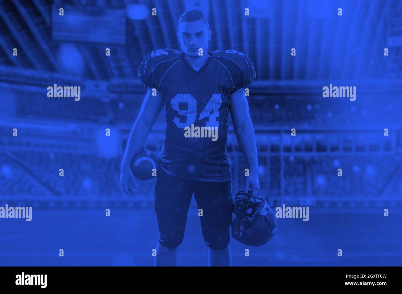 duo toned american football player in arena at night with stadium ...