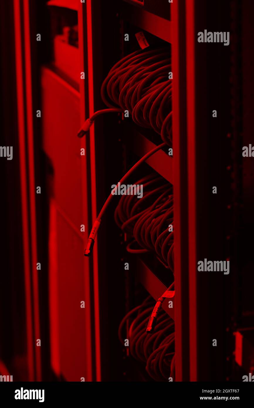 internet network server room with computers racks and digital receiver ...