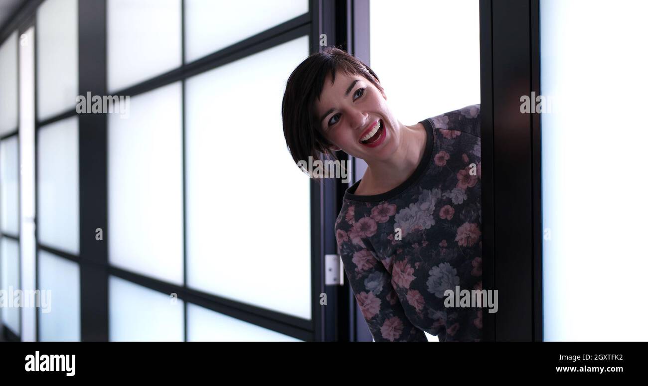 Business having fun and saying hello to someone in front of Office ...