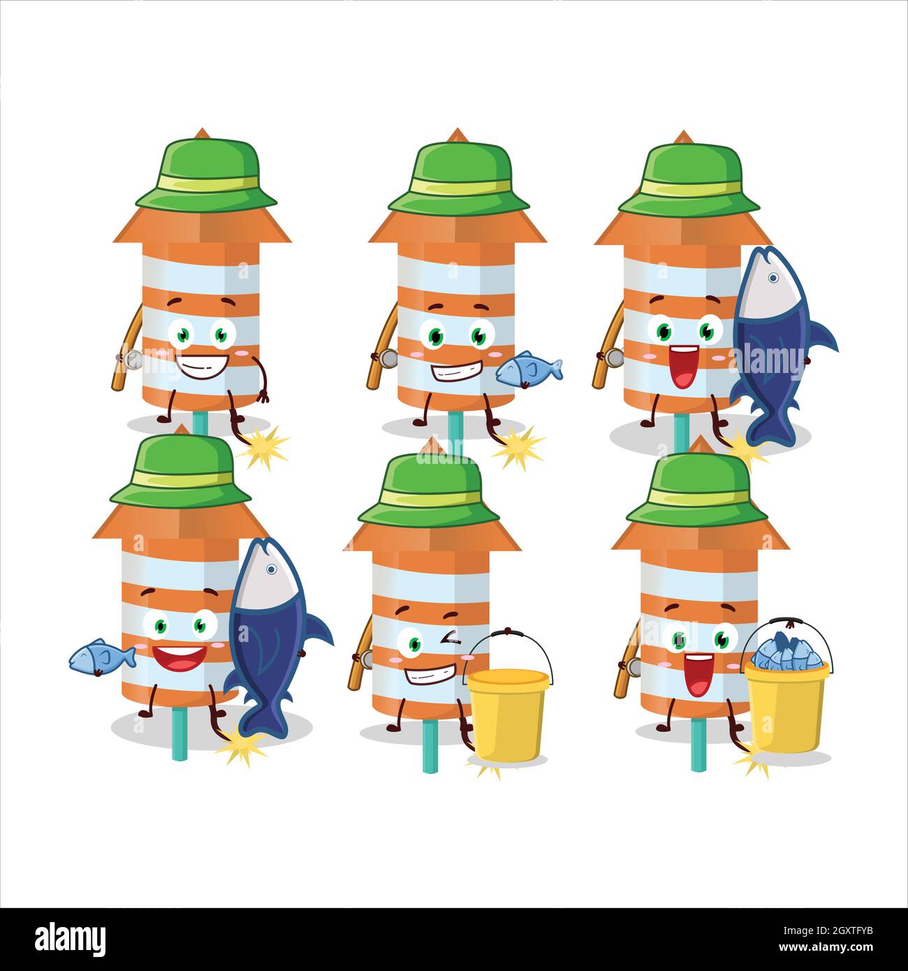 A fisherman rocket firework orange cartoon picture catch a big fish ...