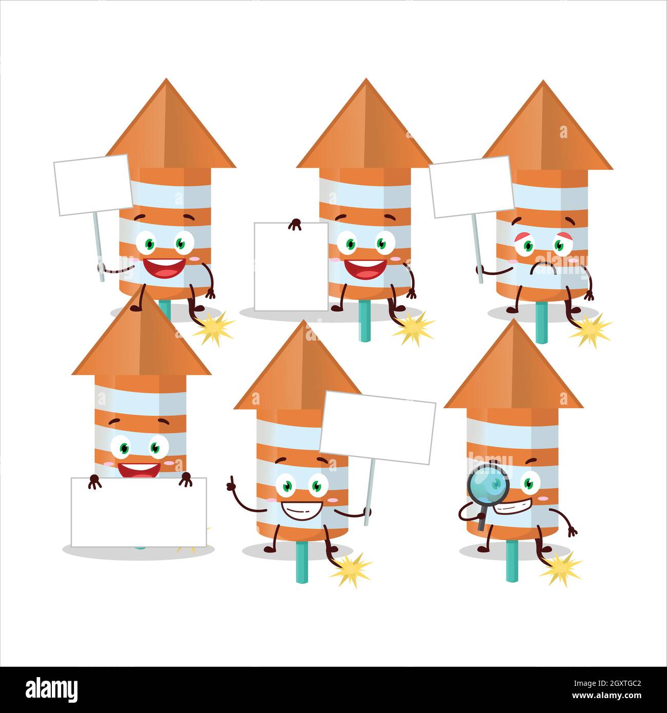 Rocket firework orange cartoon character bring information board ...