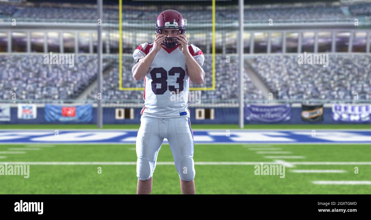 American Football Player isolated on big modern stadium field with ...