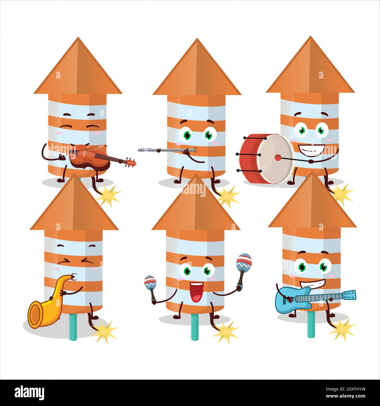 Cartoon character of rocket firework orange playing some musical ...