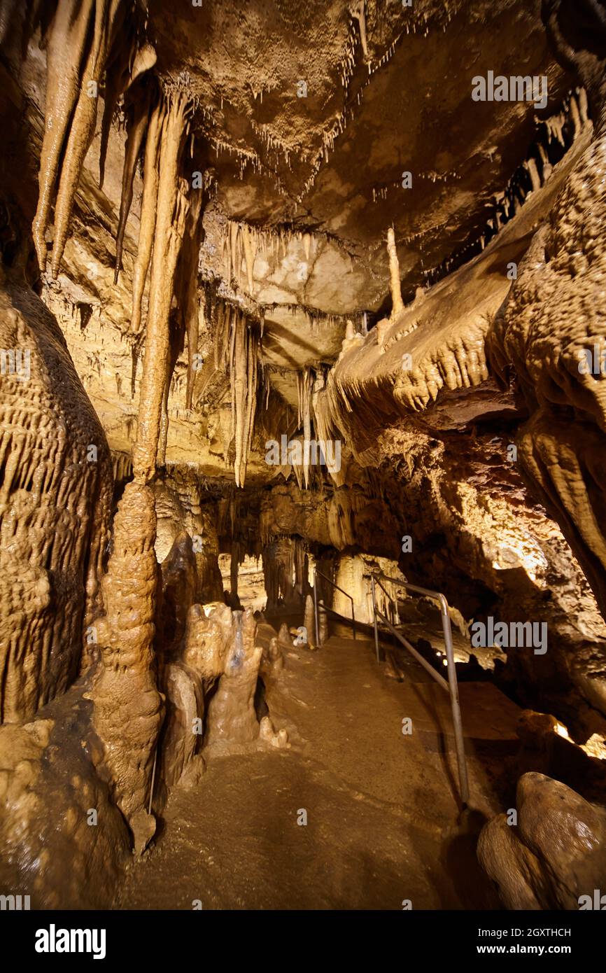 Vertical cave detail of formations on path stalagmites and stalactites ...