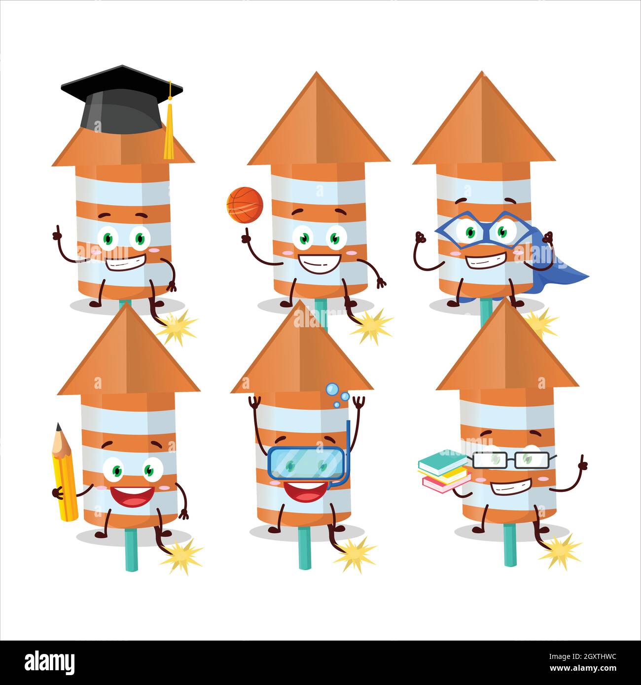 School student of rocket firework orange cartoon character with various ...