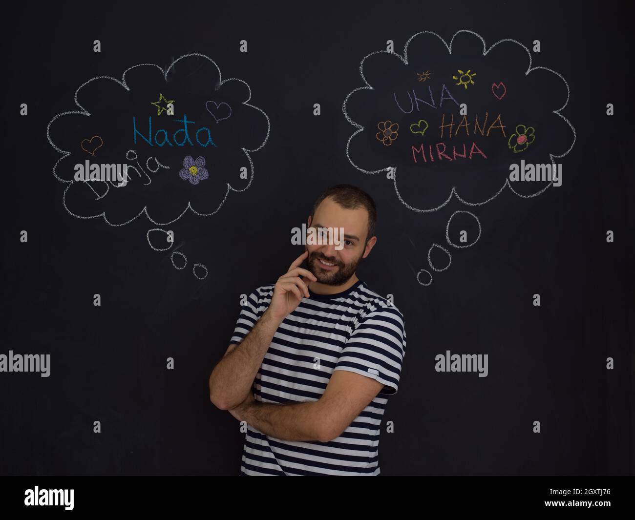 young future father thinking about names for his unborn baby to writing ...
