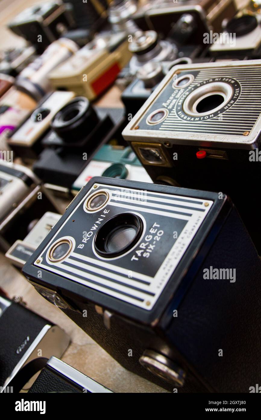 Collection of film cameras at three quarters view background Stock ...
