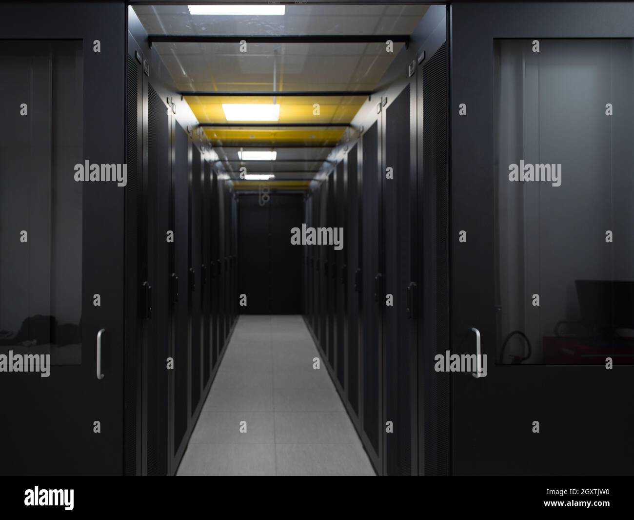modern server room with black servers and hardwares in a internet data ...