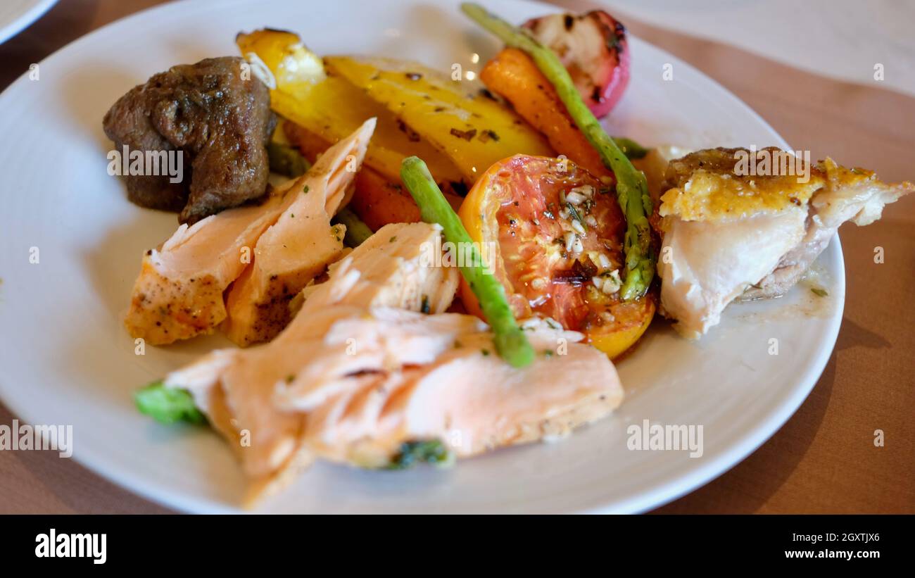 Buffet Plate Fish Beef Vegetables Stock Photo - Alamy