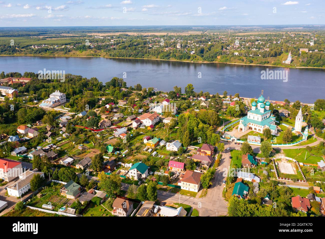 Aerial view of Tutayev on Volga River with Resurrection Cathedral in ...