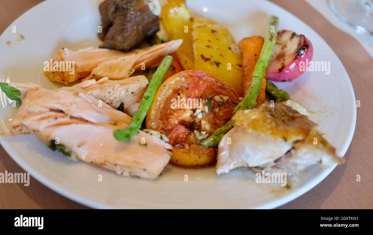 Buffet Plate Fish Beef Vegetables Stock Photo - Alamy