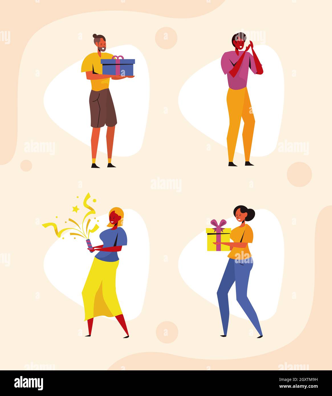 Illustration, cartoon people celebration, set, group, people and gift ...