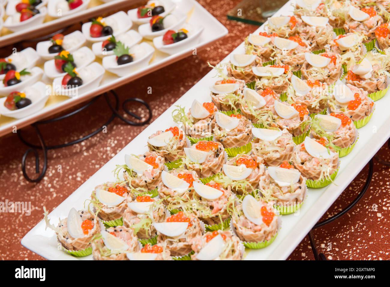 Finger food of fish, roe and egg served in bite size Stock Photo - Alamy