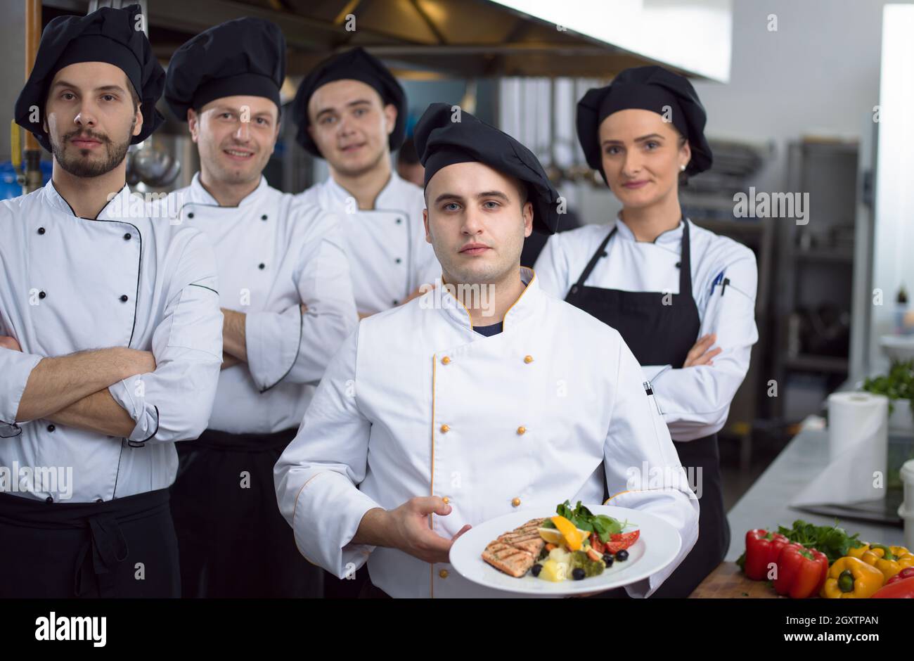 Portrait of group chefs standing together in commercial kitchen at ...