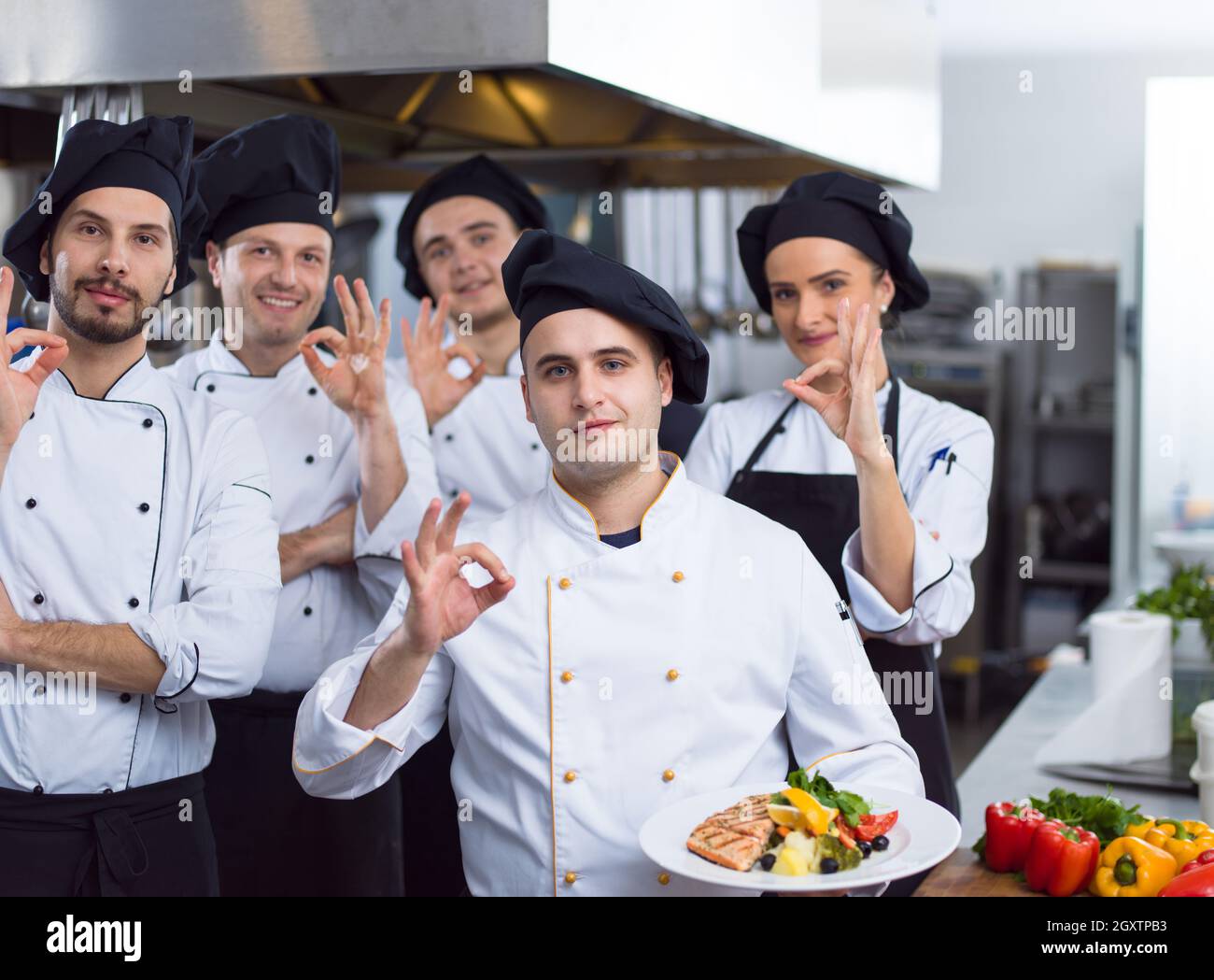 Portrait of group chefs standing together in commercial kitchen at ...