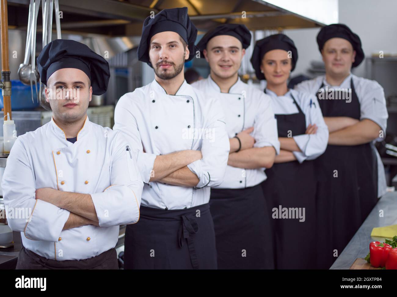 Portrait of group chefs standing together in commercial kitchen at ...