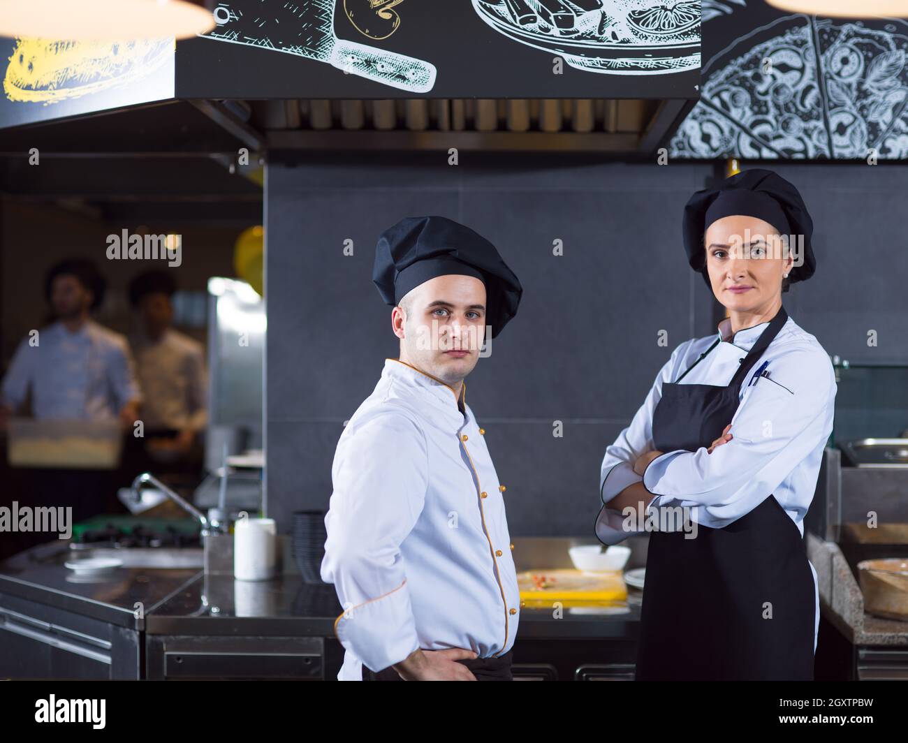 Portrait of two chefs standing together in commercial kitchen at ...