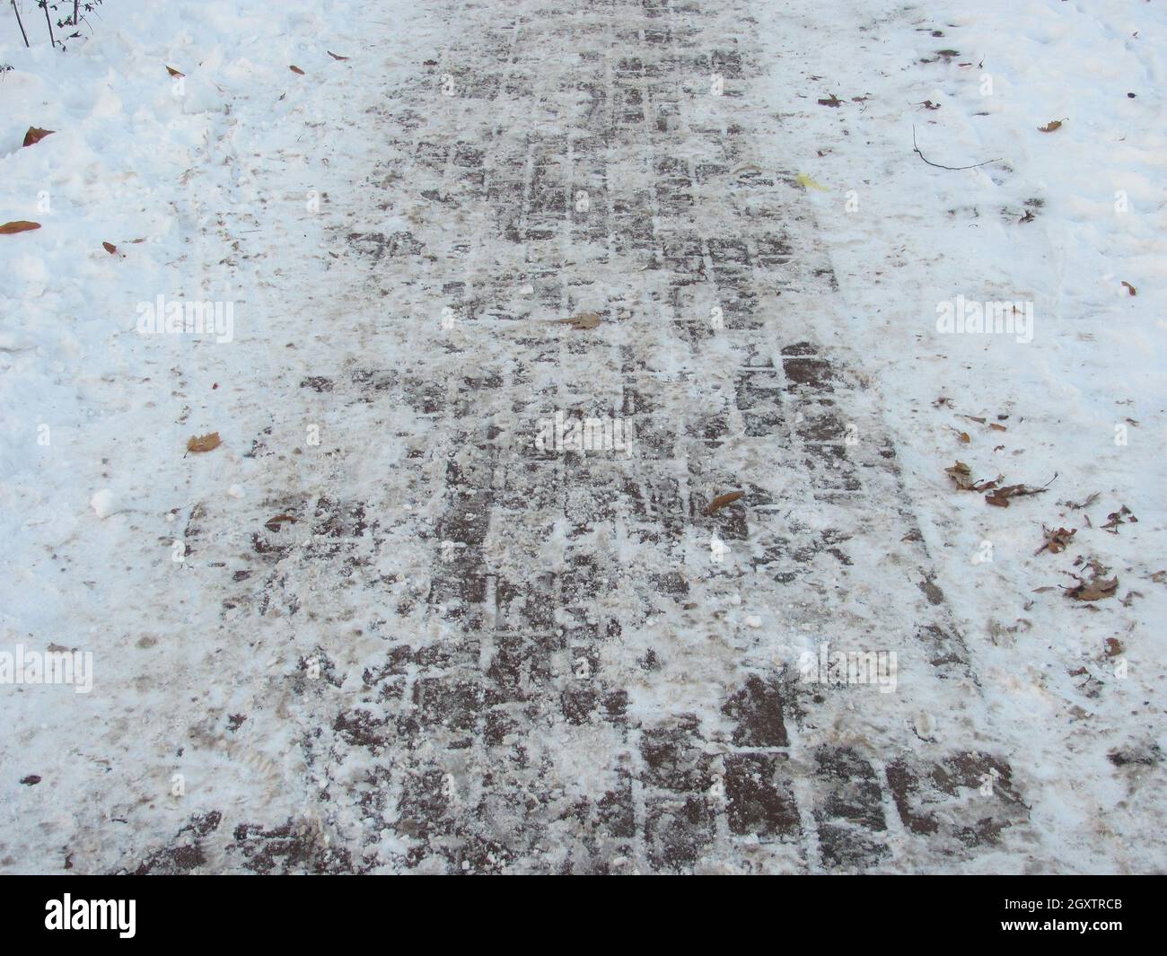 A tiled path in a snow-covered park Stock Photo - Alamy