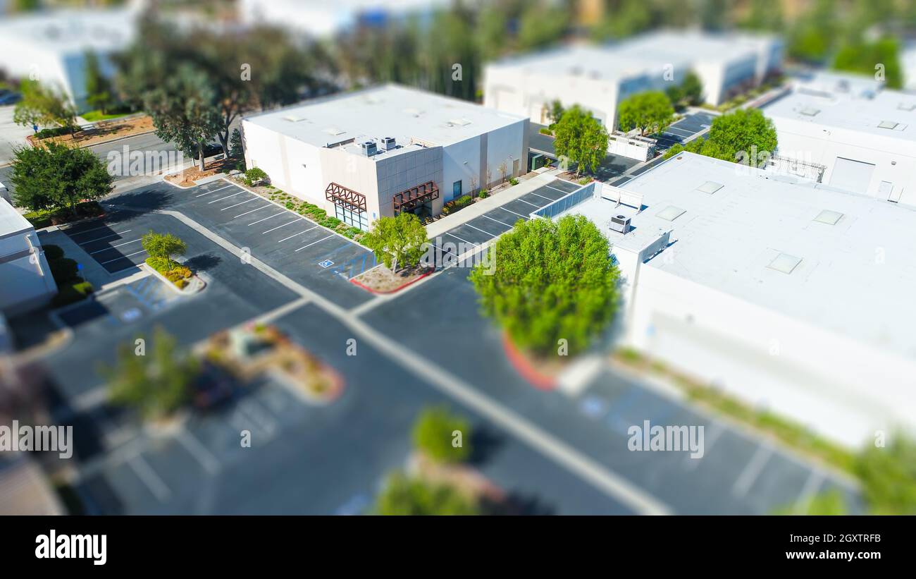 Aerial View of Commercial Buildings With Tilt-Shift Blur Stock Photo ...