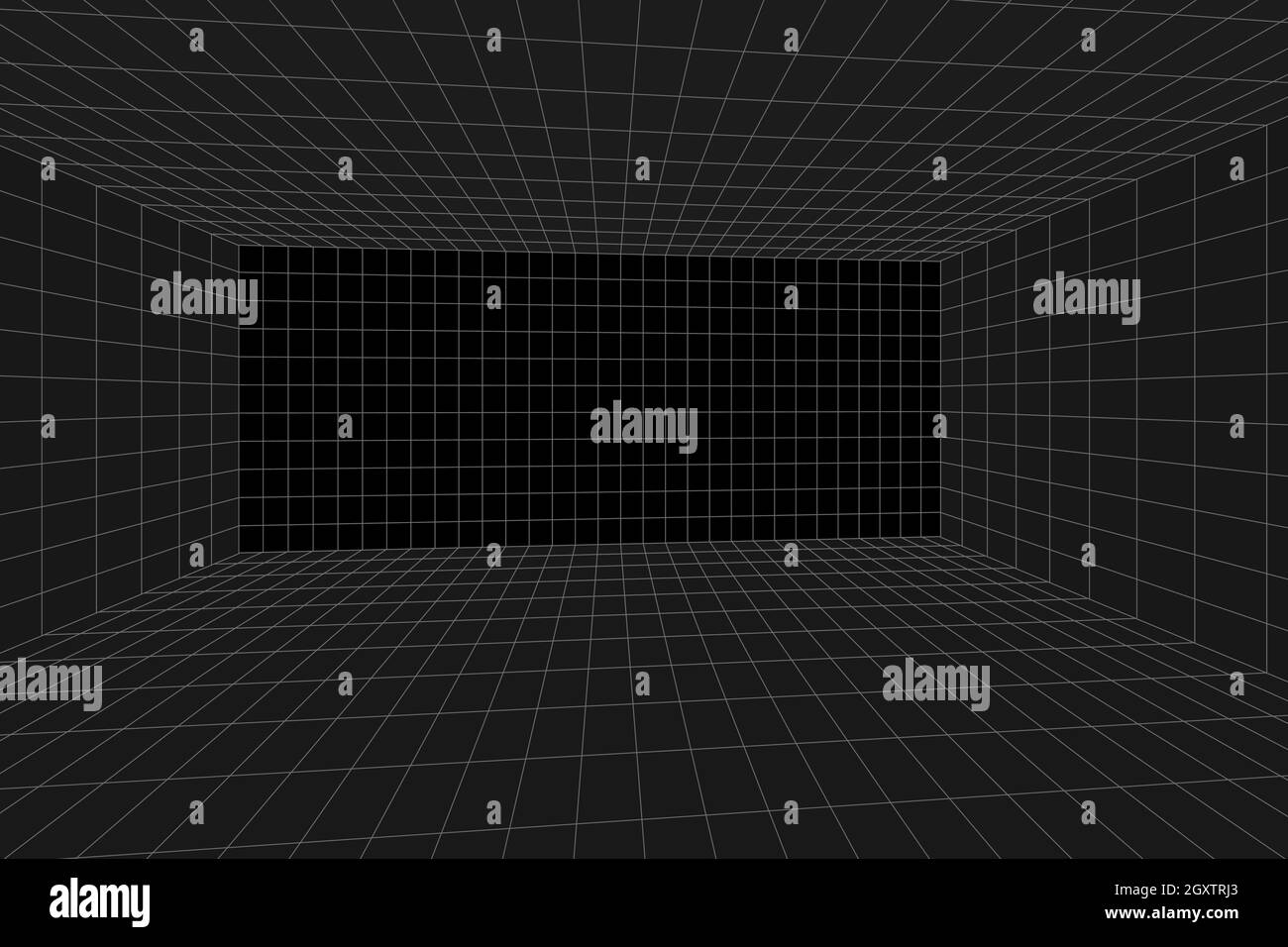 Grid perspective black room. Gray wireframe background. Digital cyber ...