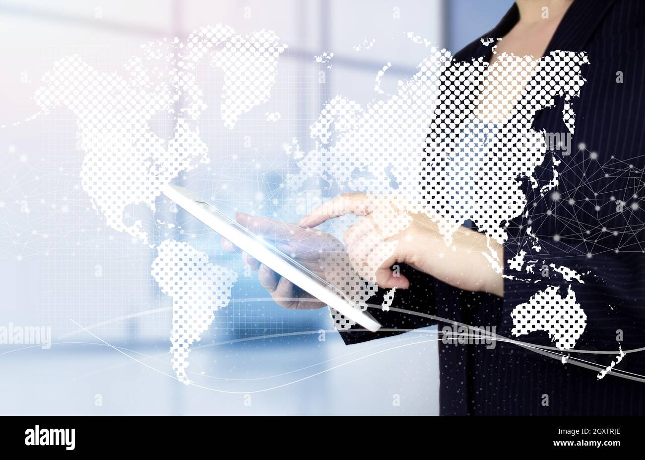Global technologies concept. Hand touch white tablet with digital ...