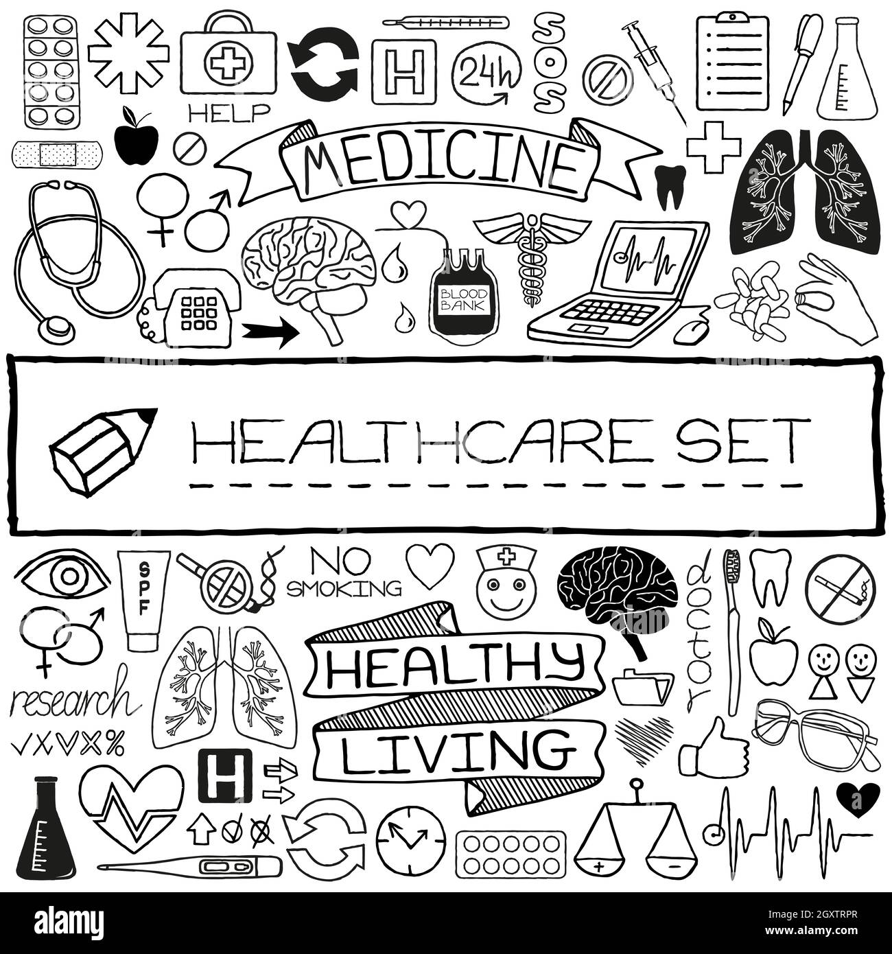 Doodle medical set of icons with medical and science tools, human ...