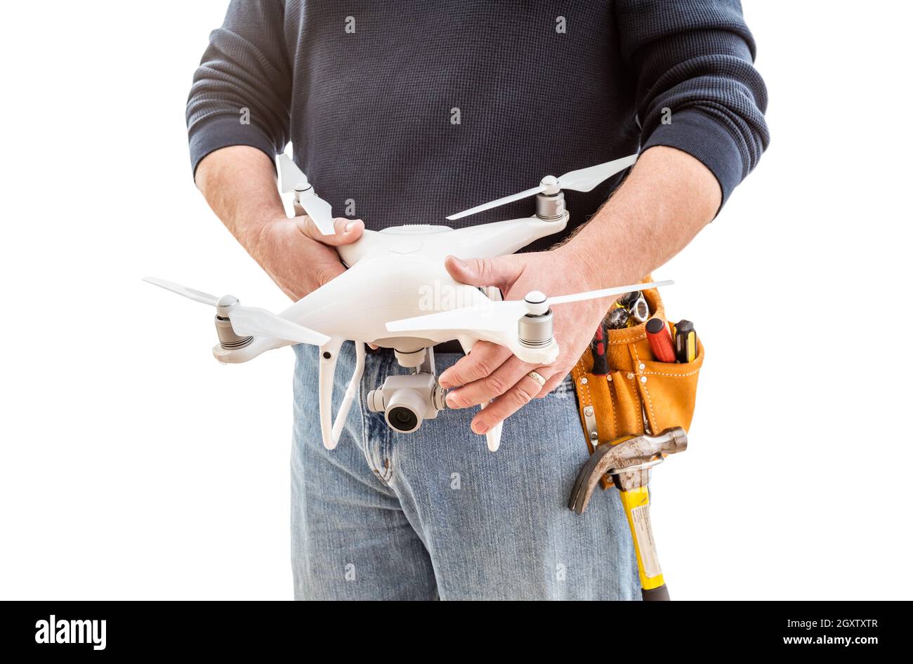 Construction Worker and Drone Pilot With Toolbelt Holding Quadcopter ...