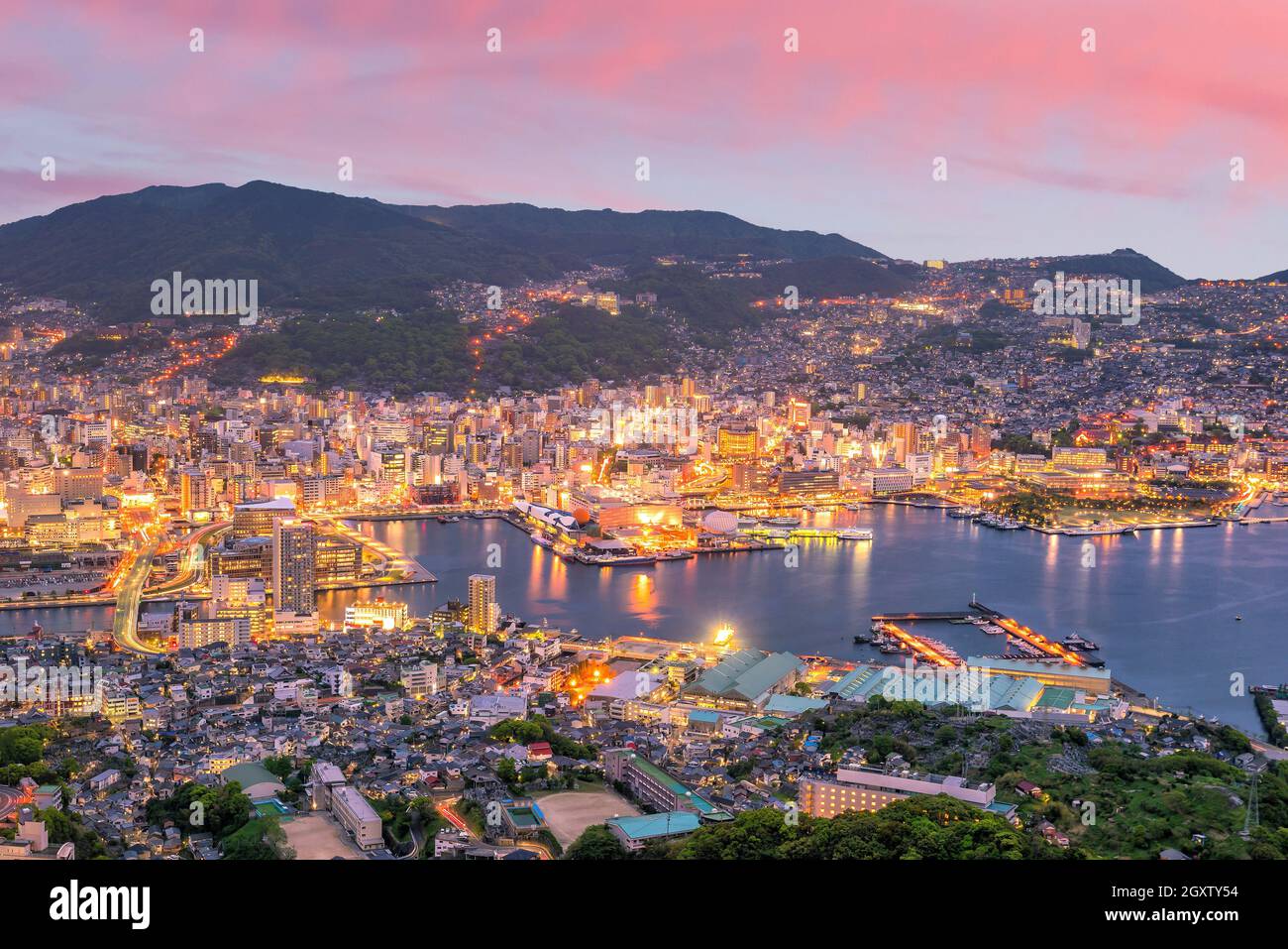 Beautiful Panorama Aerial View of Nagasaki Skyline at night from Mount ...