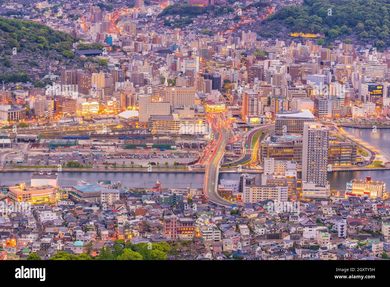 Beautiful Panorama Aerial View of Nagasaki Skyline at night from Mount ...