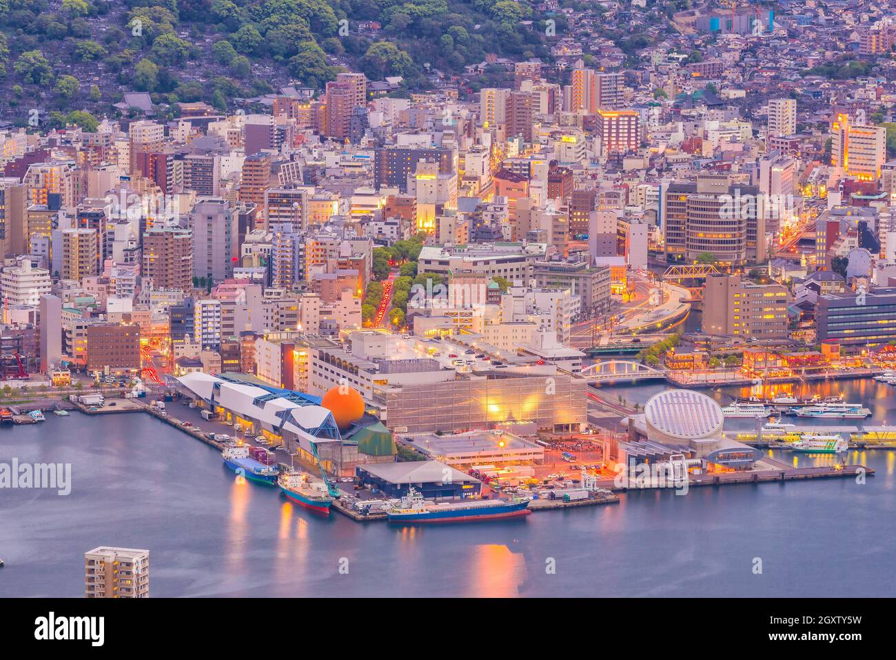 Beautiful Panorama Aerial View of Nagasaki Skyline at night from Mount ...