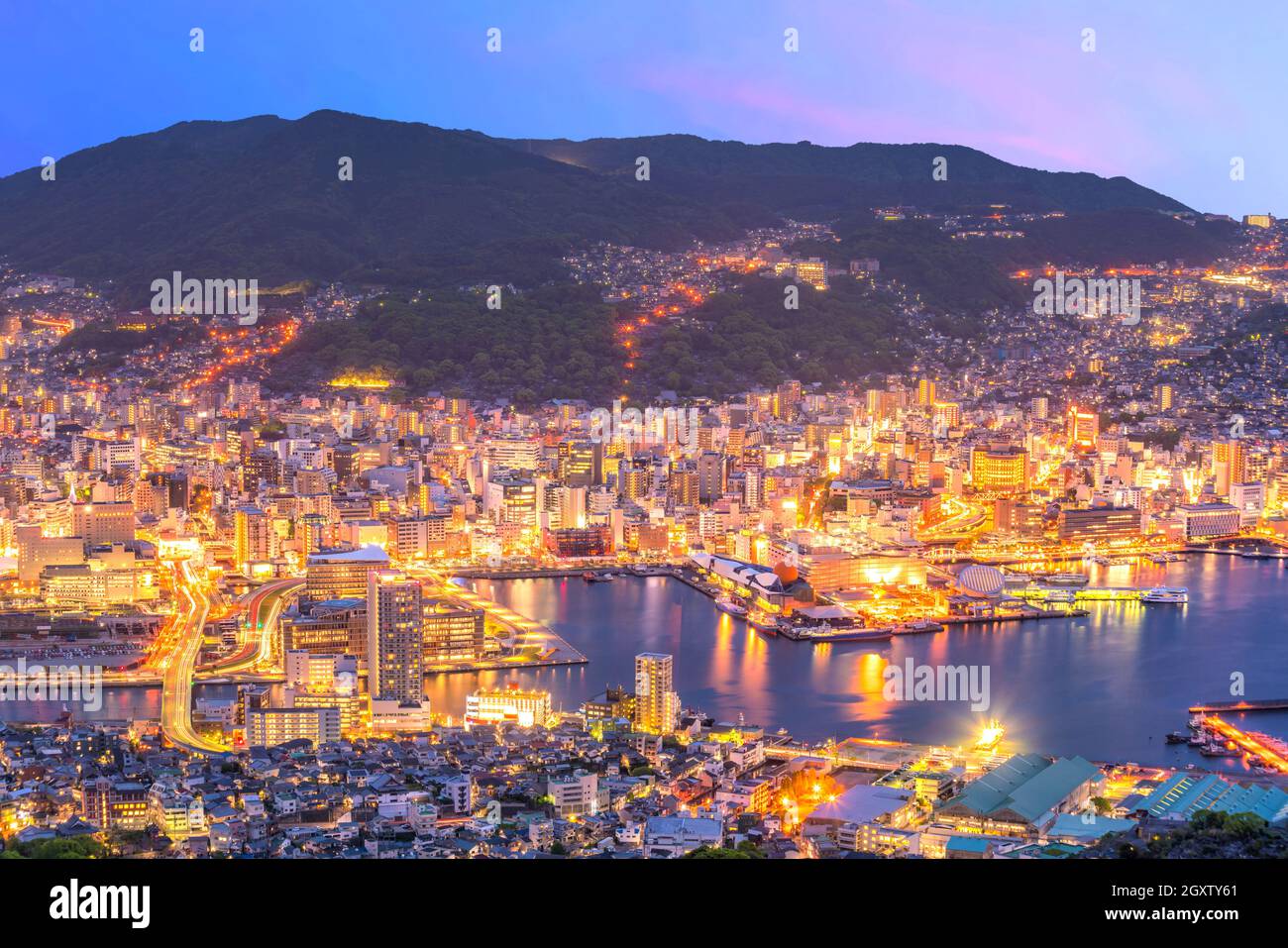 Beautiful Panorama Aerial View of Nagasaki Skyline at night from Mount ...