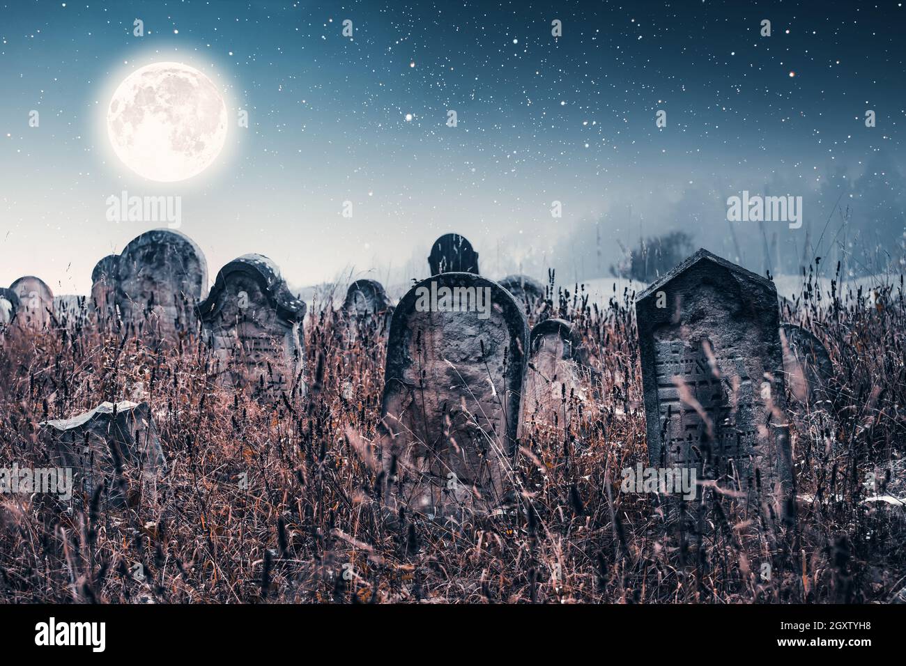 Tombstones in cemetery at night with full moon. Halloween concept Stock ...
