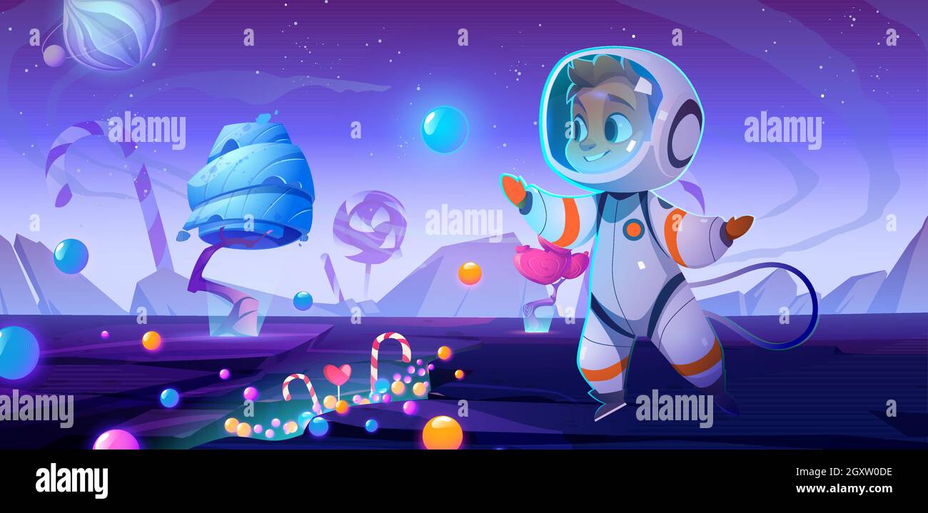 Cute child astronaut on alien planet with sweets and candies around ...
