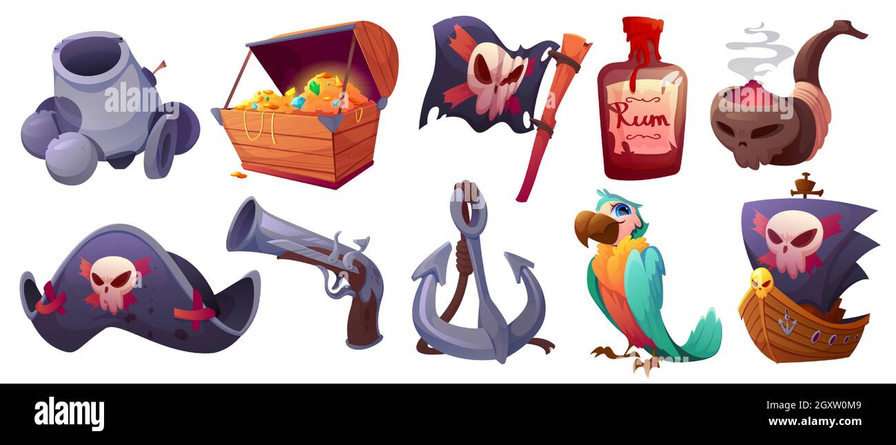 Set pirate items cartoon icons cannon, treasure chest, flag with jolly ...