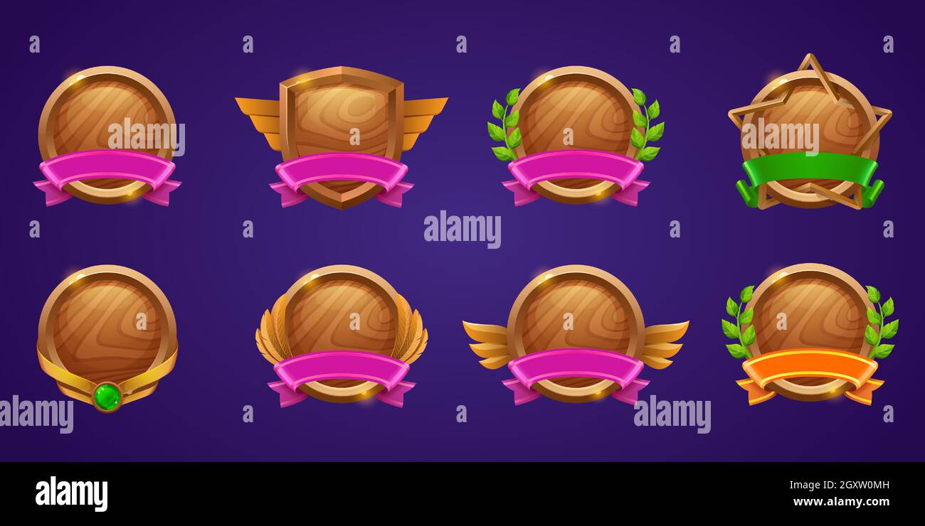 Set of game level ui icons, empty wooden shields with banners, wings or ...