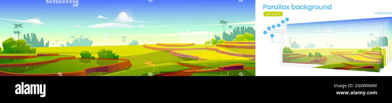 Asian rice field terraces parallax background 2d mountains landscape ...