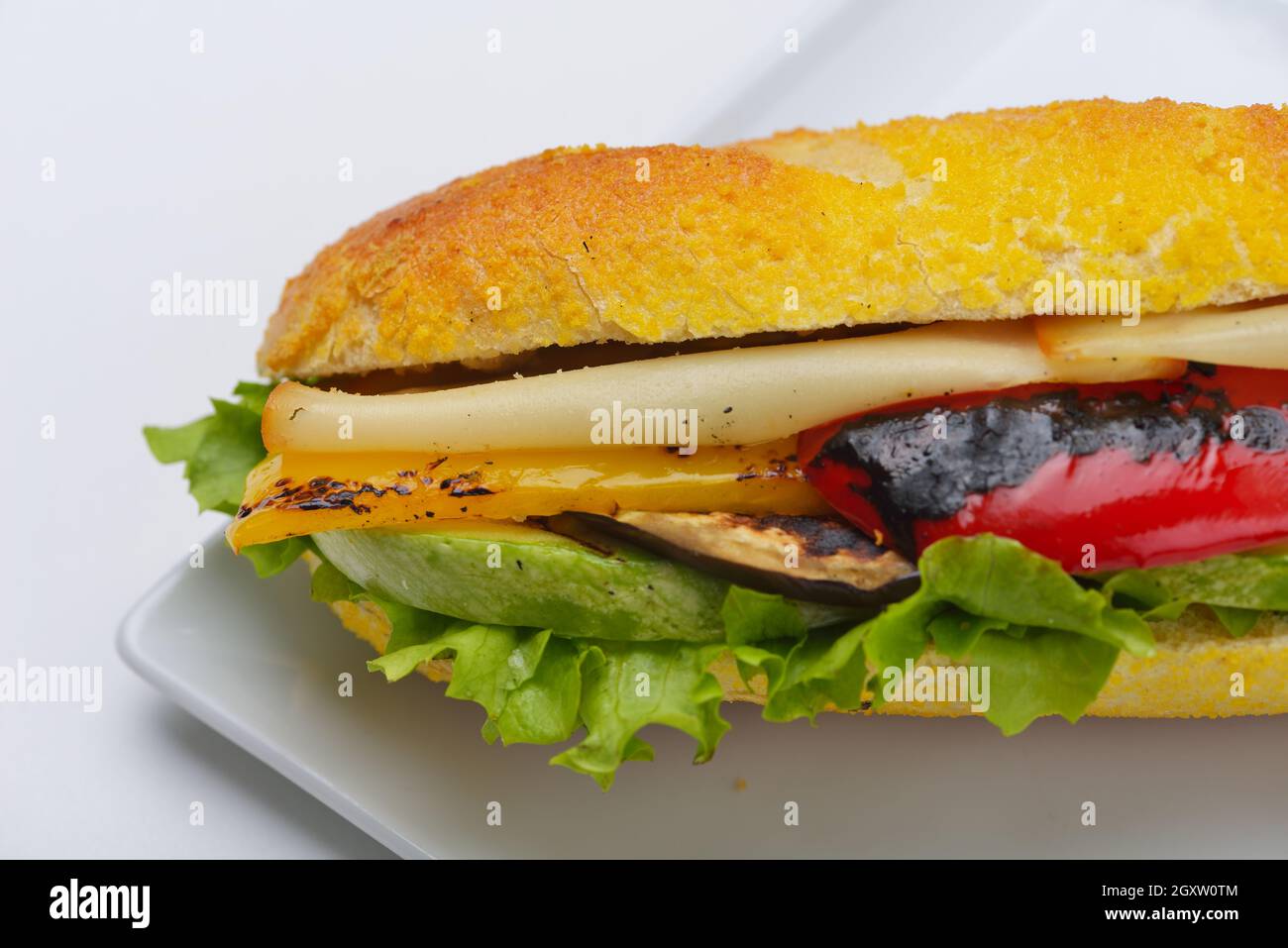 fresh sandwich close up with vegetables and meat fish isolated on white ...