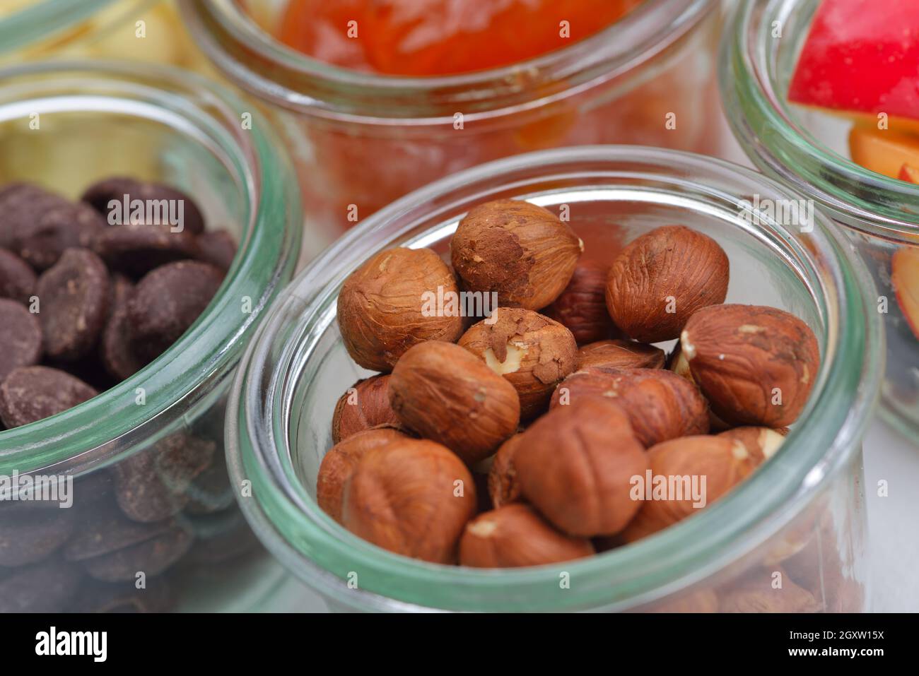 nuts and dry fruits mix healthy organic food mix in glass bowls ...