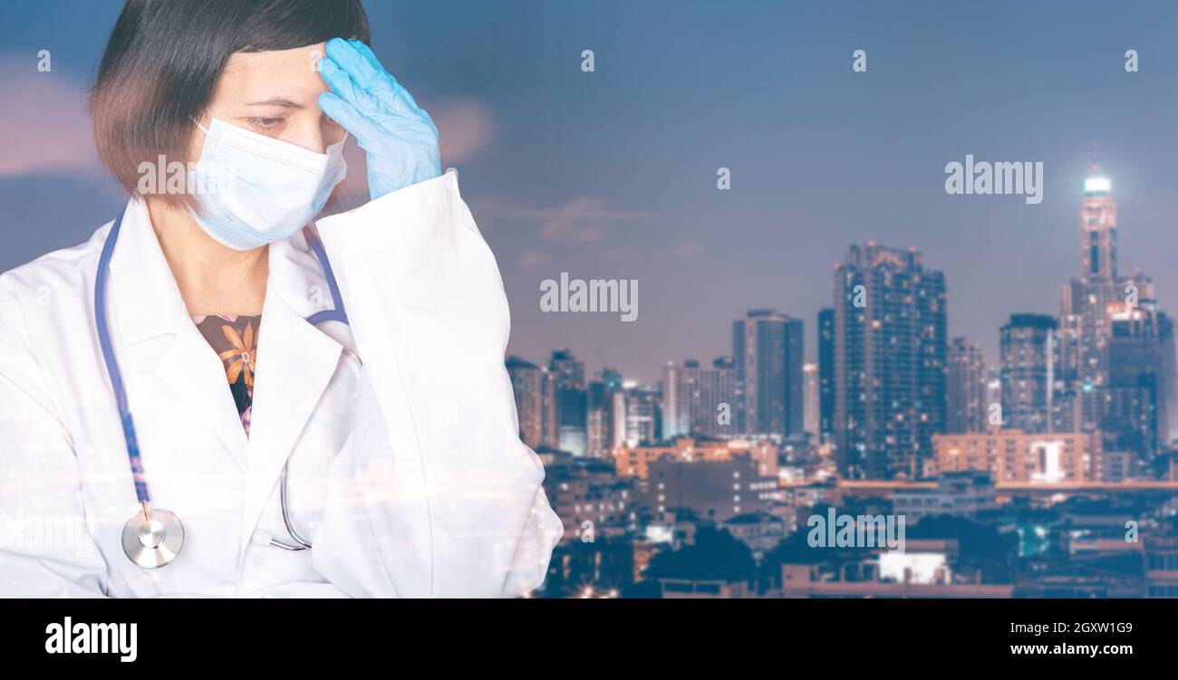 Double exposure of doctor with medical mask and gloves and cityscape ...