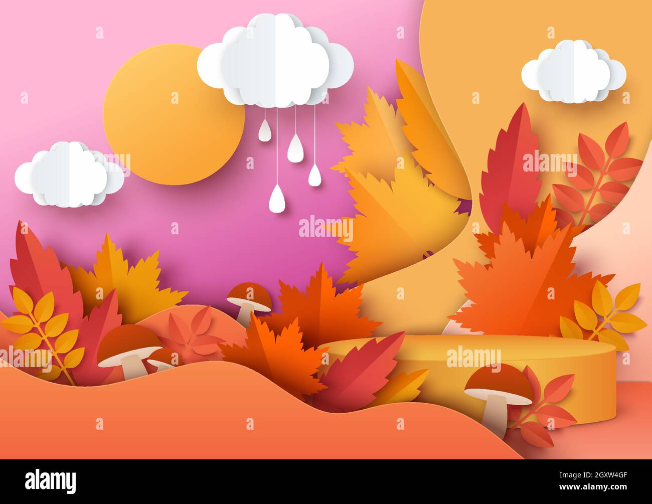 Orange round display podium mockup, paper cut fall red, yellow leaves ...